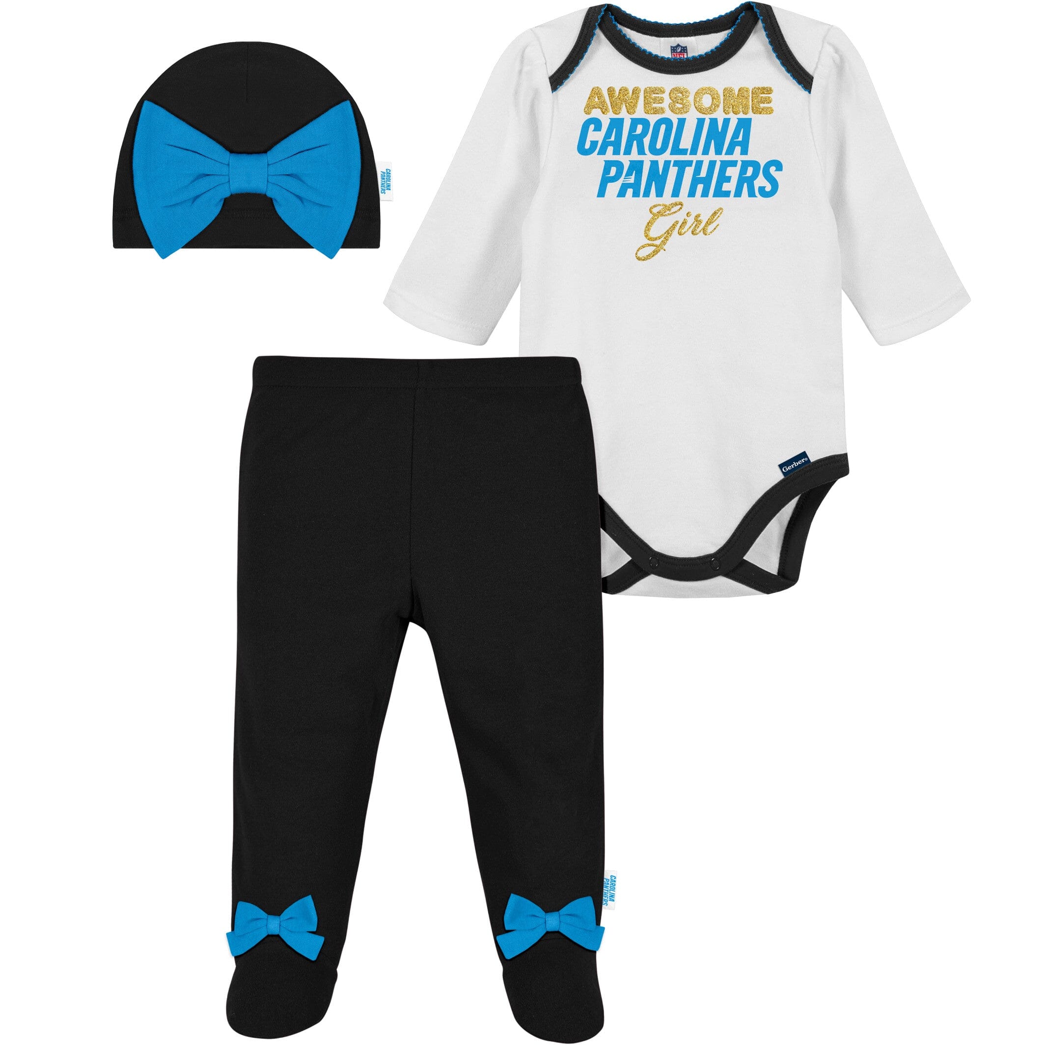 3-Piece Baby Girls Panthers Bodysuit, Footed Pant, & Cap Set – Gerber ...