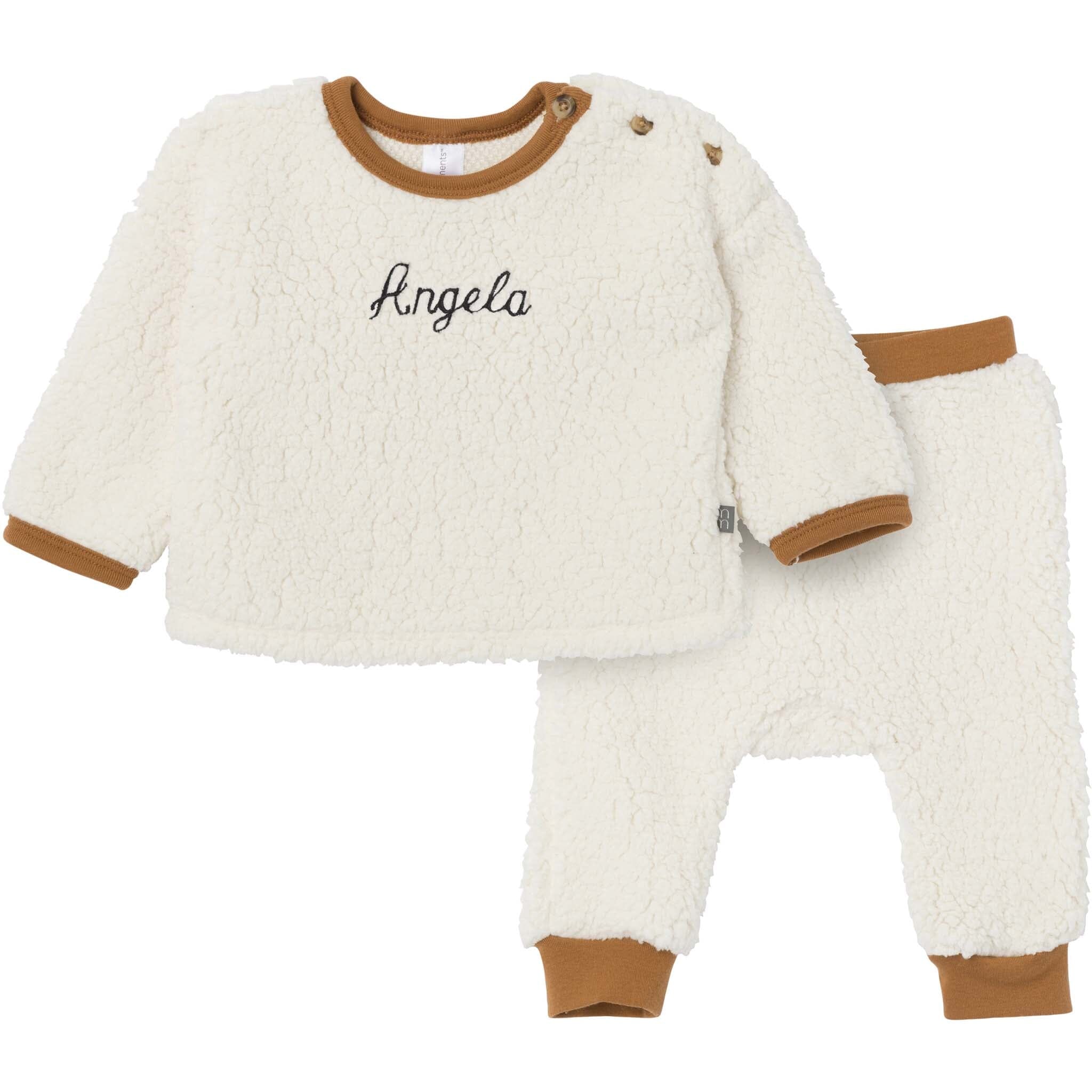 Embroidered 2-Piece Baby Neutral Ivory Sherpa Drop Shoulder Top With P ...