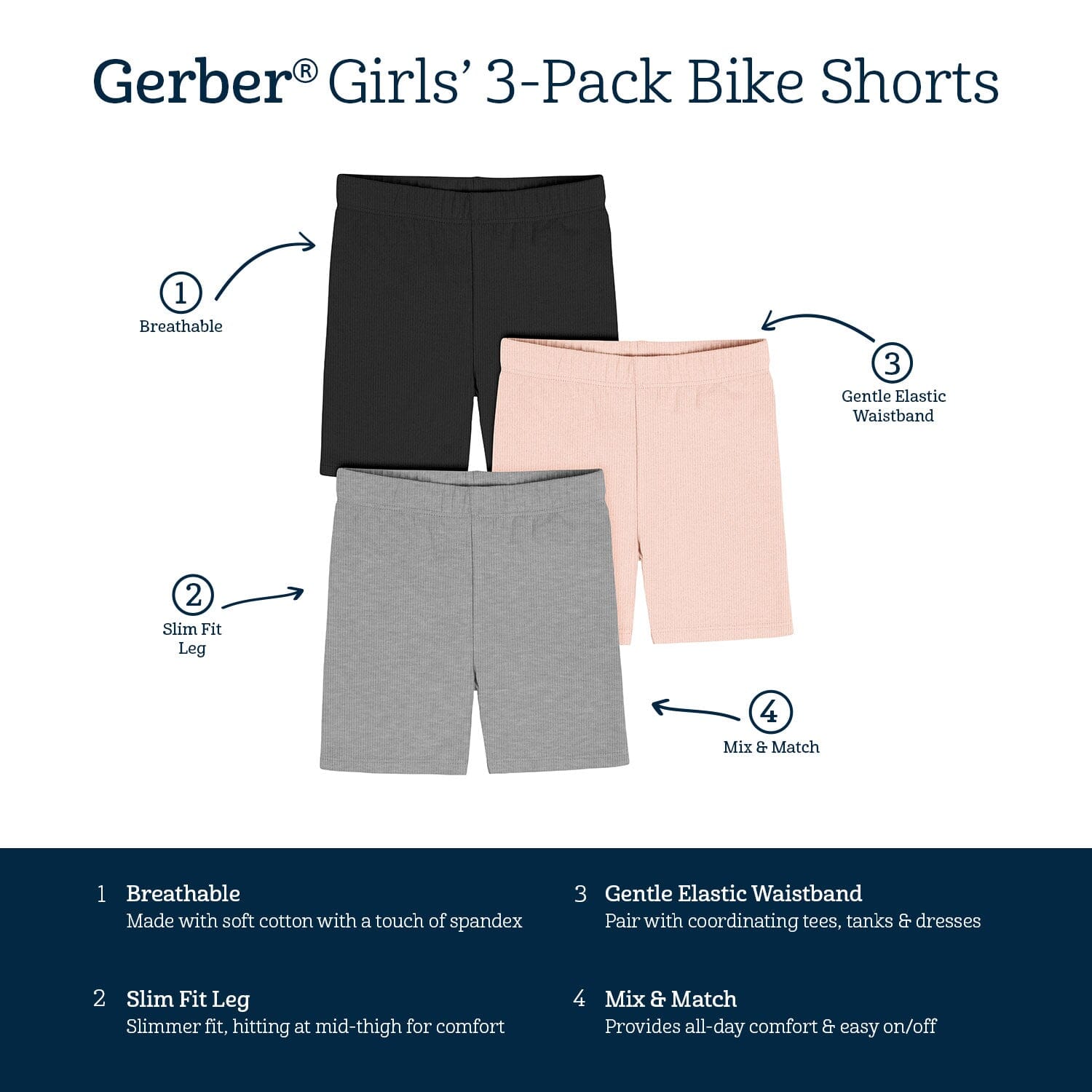 3-Pack Toddler Girls Black, Pink, & Grey Bike Shorts – Gerber Childrenswear