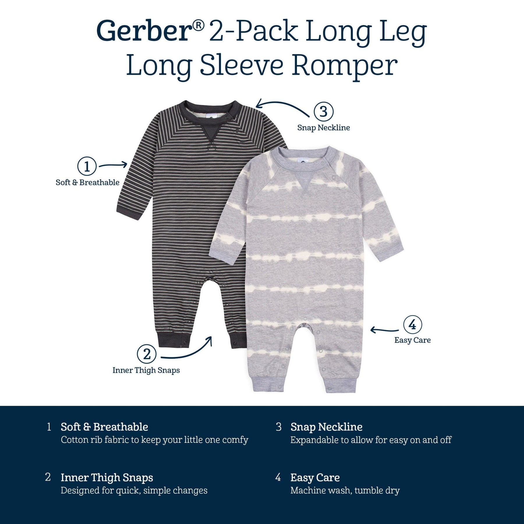 2-Pack Baby Boys Light Gray Tie Dye & Striped Raglan Sleeve Romper ...