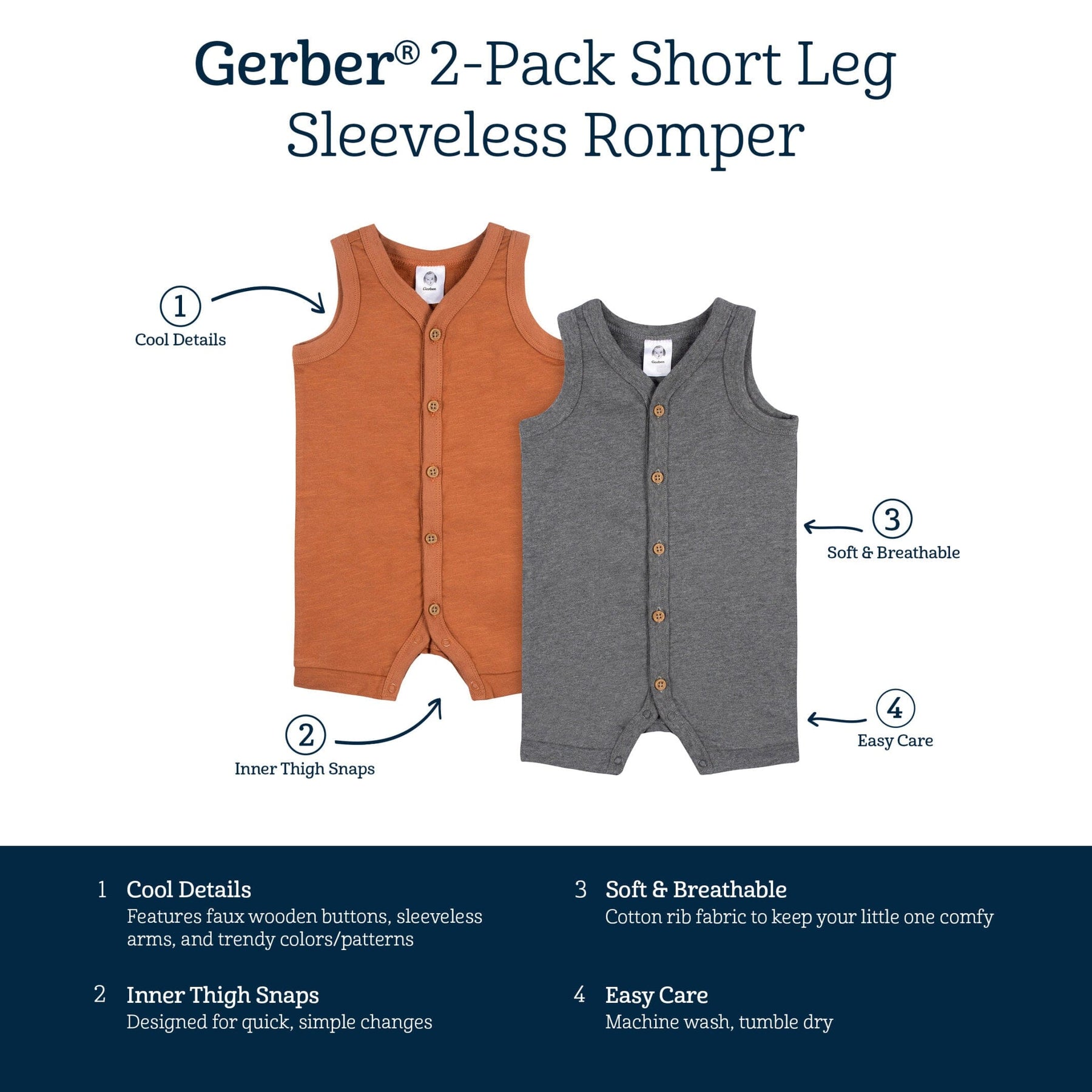 2-Pack Baby Boys Heather Gray & Rust Short Leg Sleeveless Romper ...