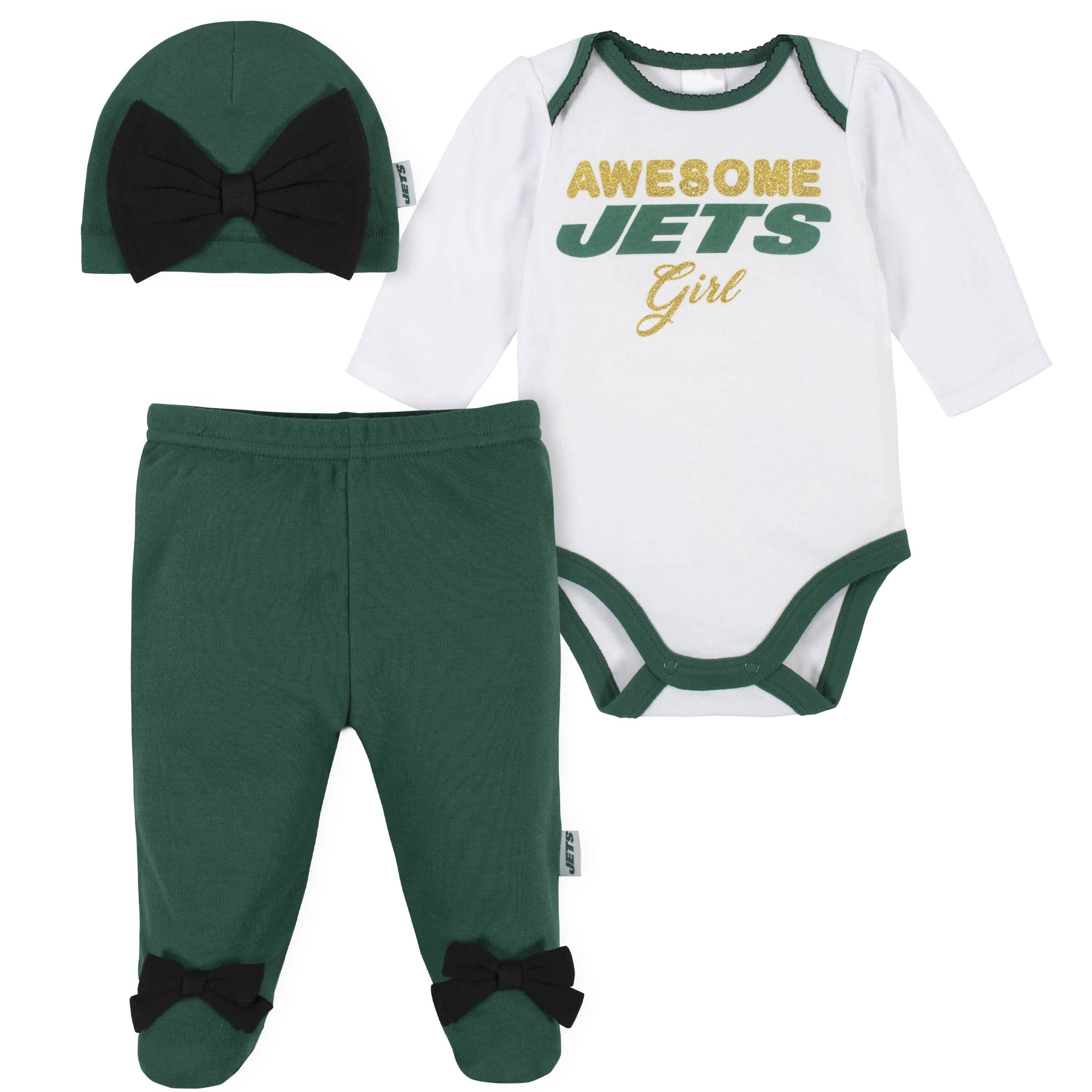 3-Piece Baby Girls New York Jets Bodysuit, Footed Pant, and Cap Set ...