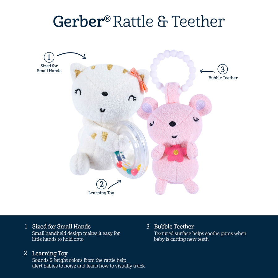 2-Piece Baby Girls Cat & Mouse Rattle and Teether Set – Gerber ...
